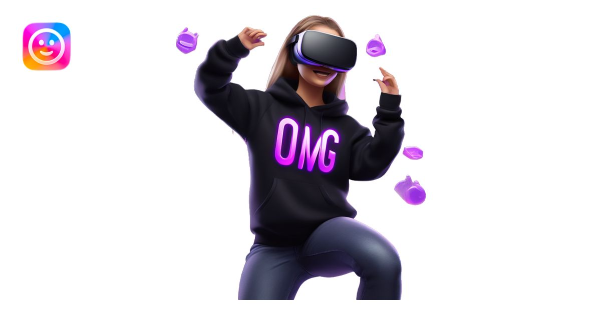 Russian girl wearing black hoody with violet letters "OMG", in vr ...