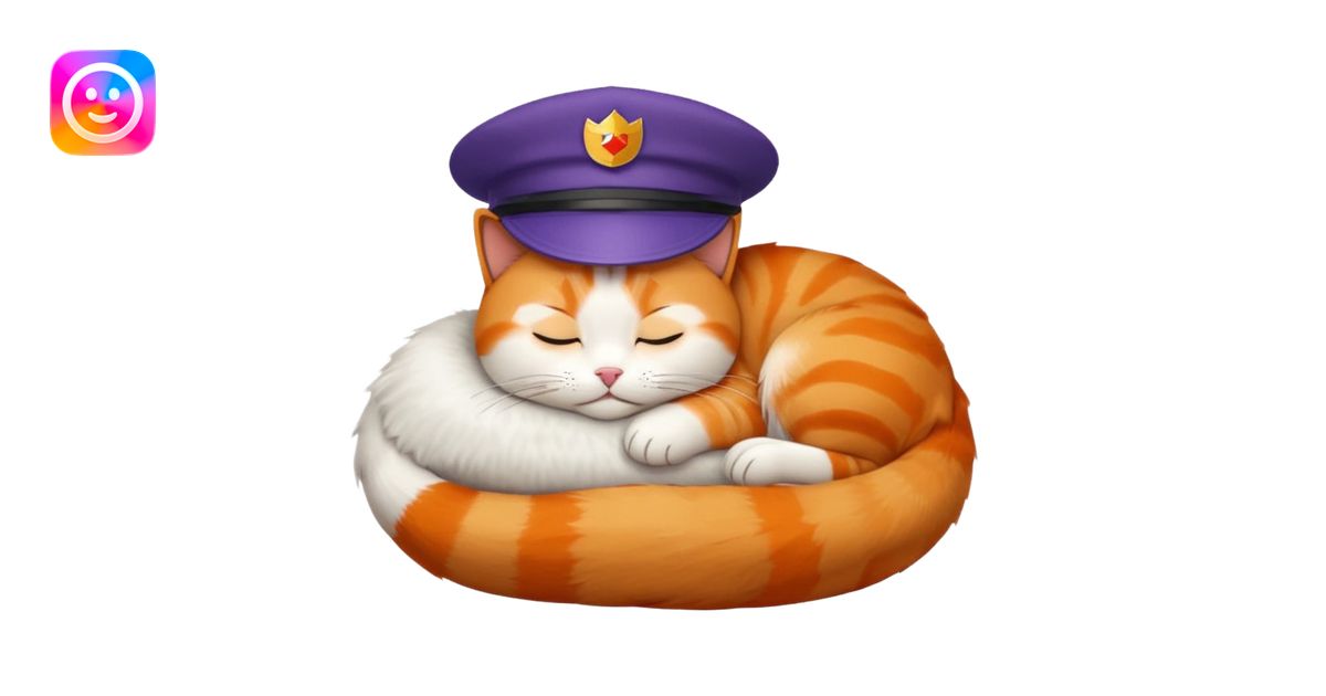 emoji of sleeping cat, its pose is lying, it has on his head FedEx ...