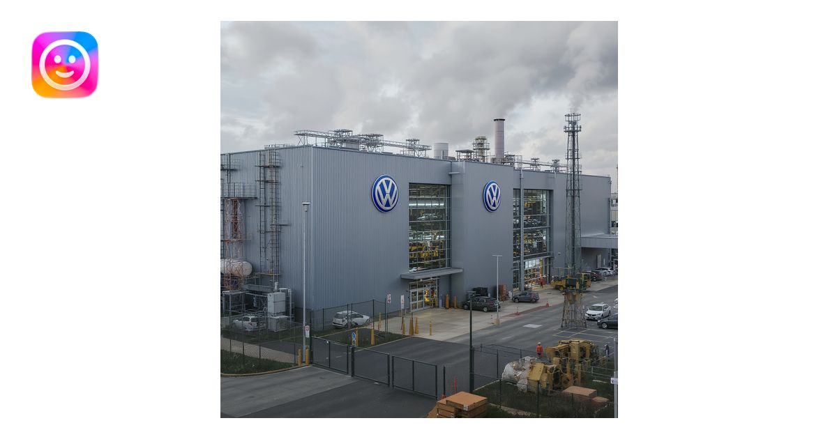 Realistic Volkswagen factory exterior, large industrial building with ...