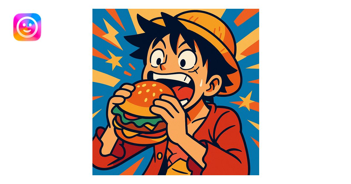 Luffy from One Piece eating a burger, vibrant, energetic, anime style ...