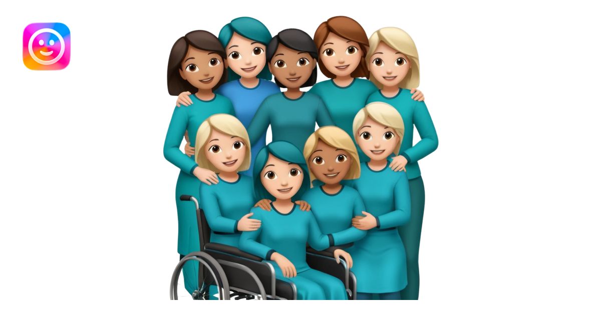 Teal group hug of 8 women with one in wheelchair emoji | AI Emoji Generator