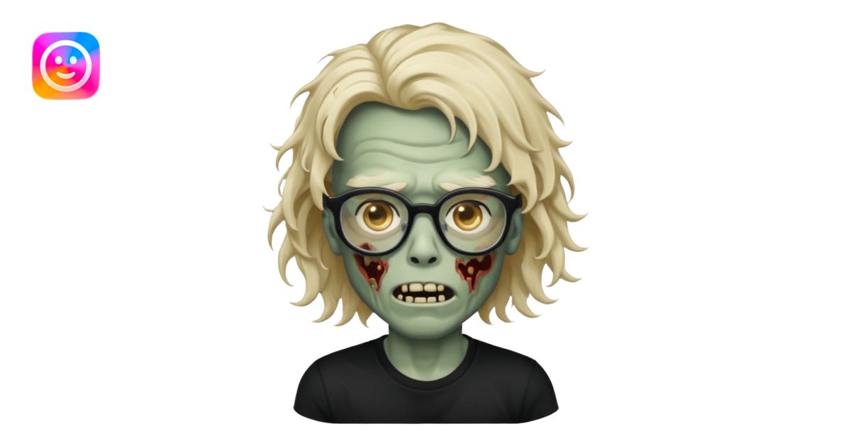 A zombie boy with long, wavy, falling hair, non-oval glasses, and a ...