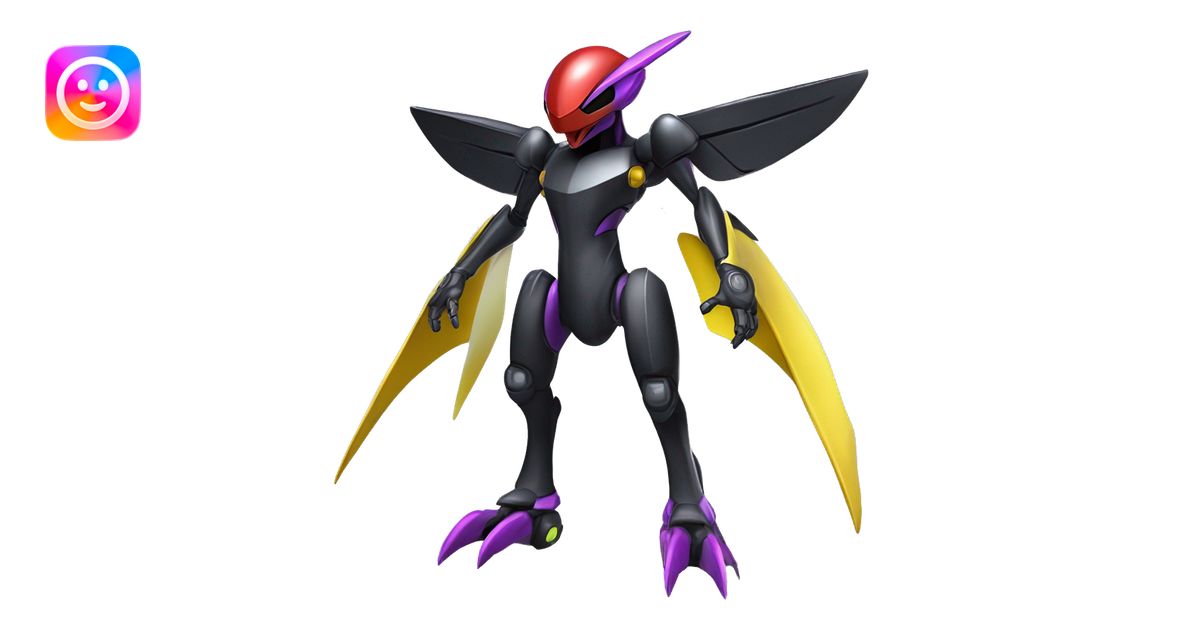a shiny metallic black-purple-red-yellow Genesect-Flygon-Raptor-Fakémon ...