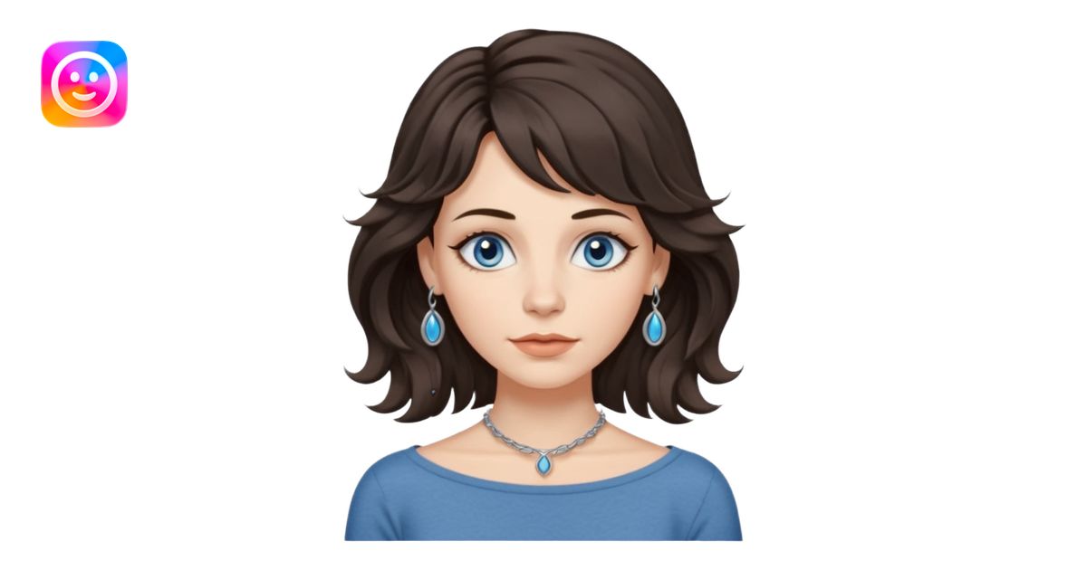 emoji of a woman with long wavy brunette shag haircut, blue-grey eyes ...