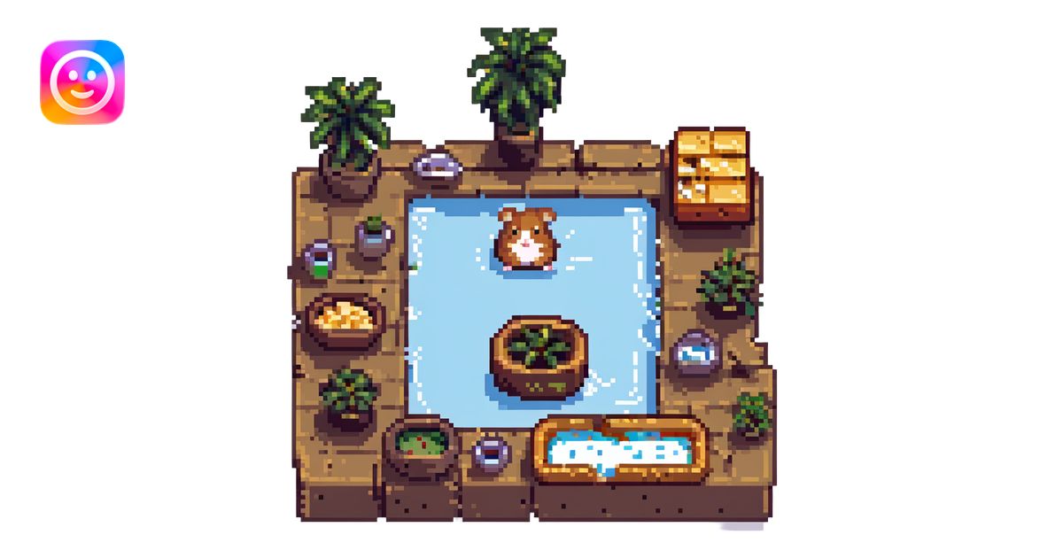 pixel art scene of a hamster cult at a weed pool party with cheese ...