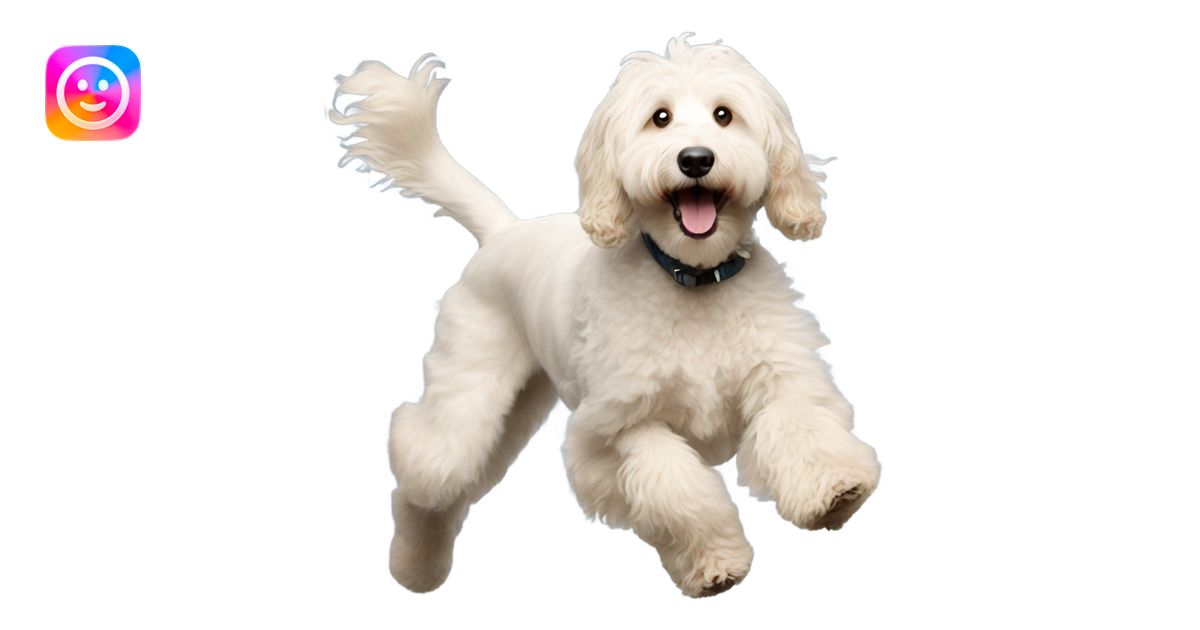 Bigger white goldendoodle jumping with long shaggy hair emoji | AI ...