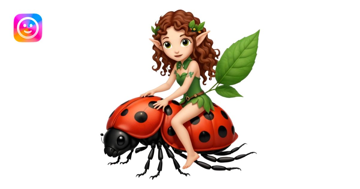 tiny forest elf long curly brown hair tattoos riding ladybug emoji | AI ...