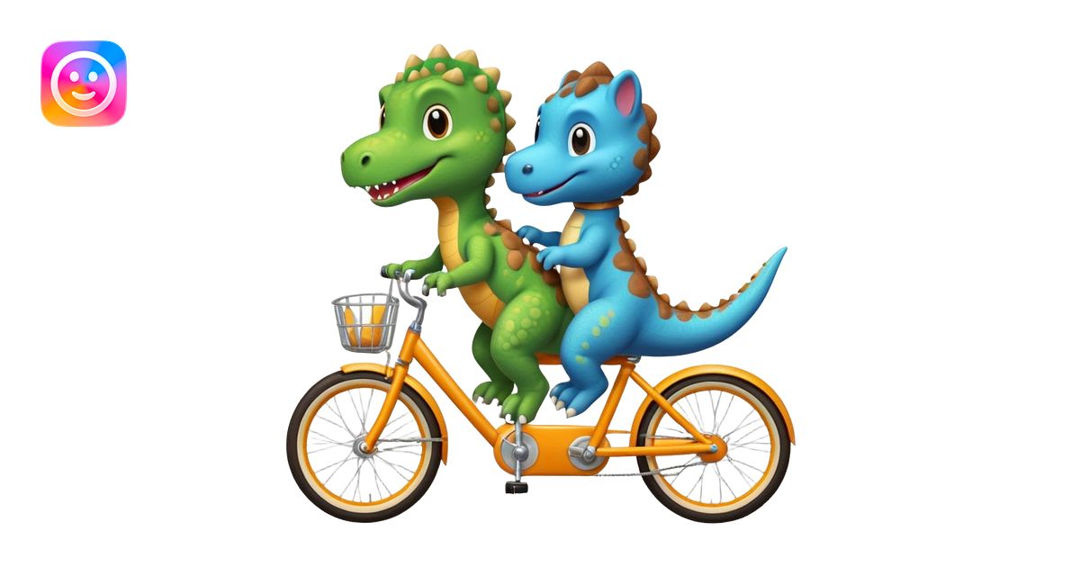 Baby dinosaur and puppy riding a retro bike emoji | AI Emoji Generator