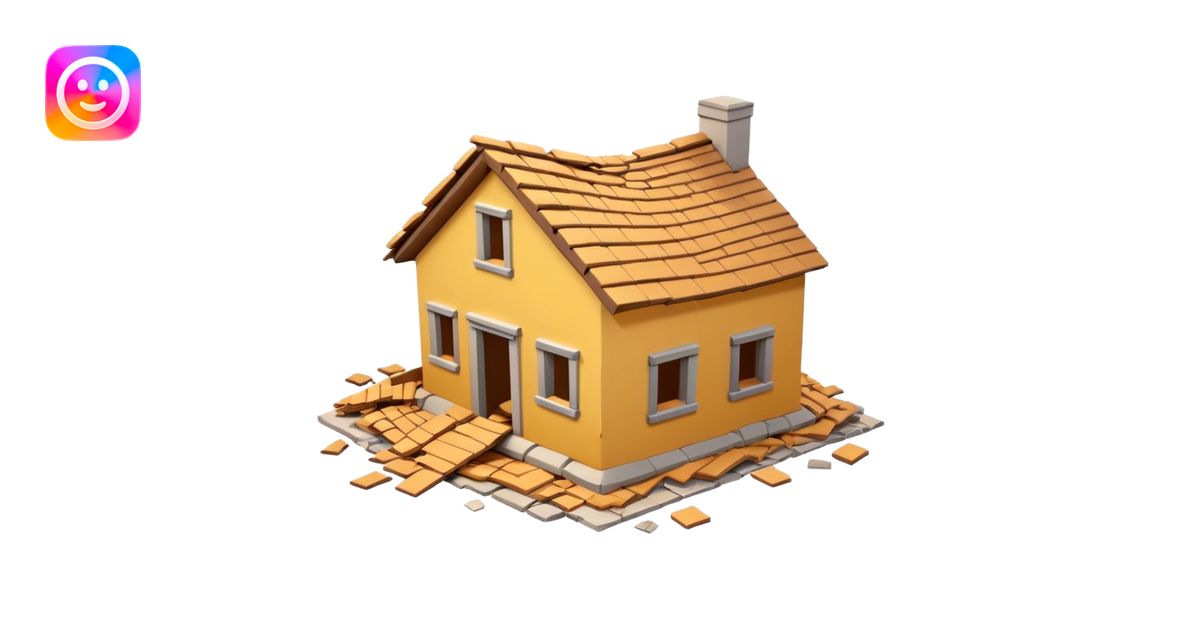 3D iPhone style emoji of a collapsed house, broken walls and roof ...