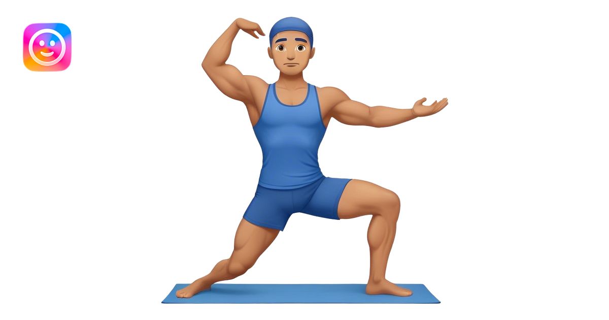 buff man with blue short Crescent Lunge yoga emoji | AI Emoji Generator