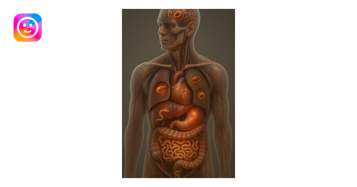 Vertical, hyper-realistic 3D cutaway illustration: the human body is ...
