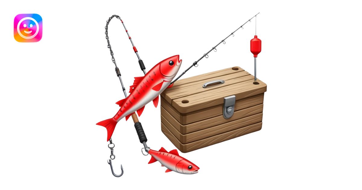 A fishing rod with reel and line neatly coiled beside a bait box. emoji ...