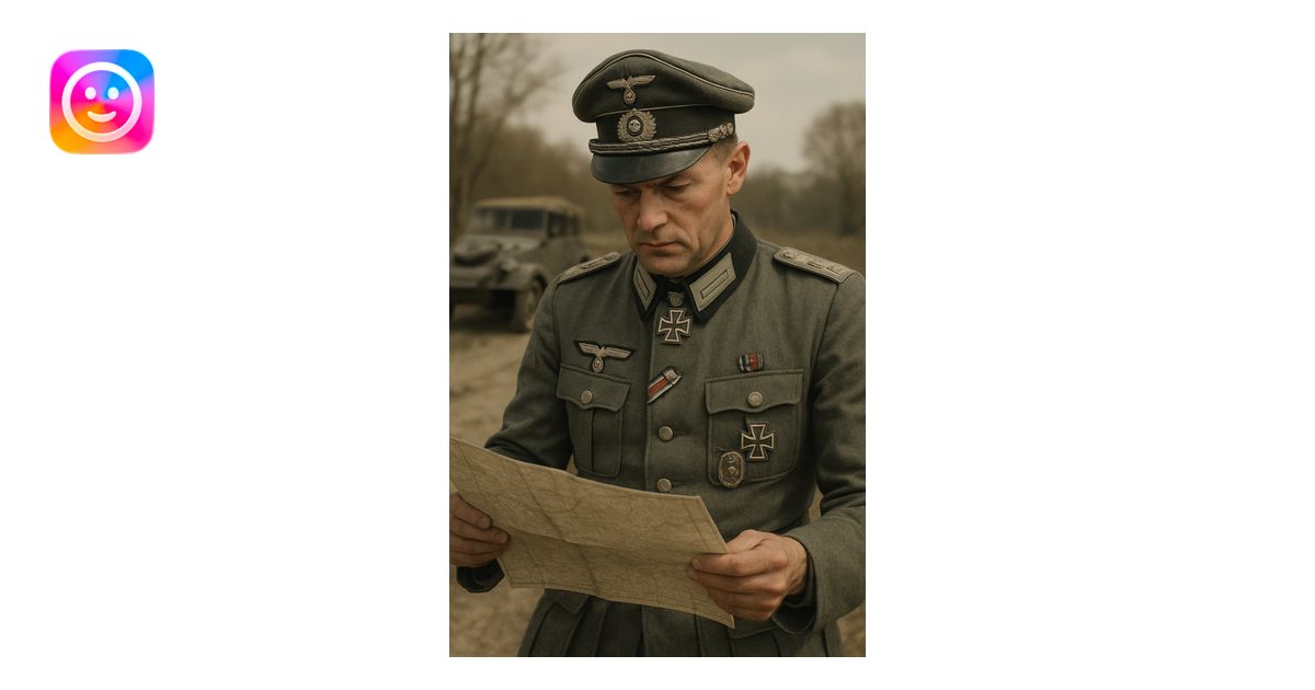 World War II German officer reading a map, classic military attire ...