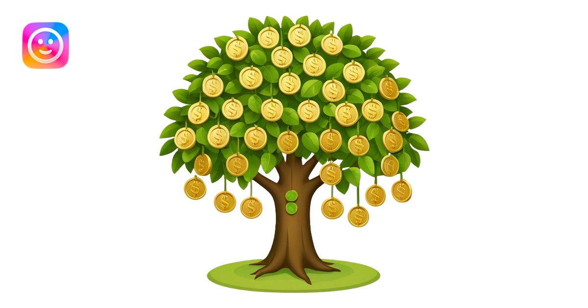 Apple-style money tree (not so mush coins), round soft green canopy. No ...