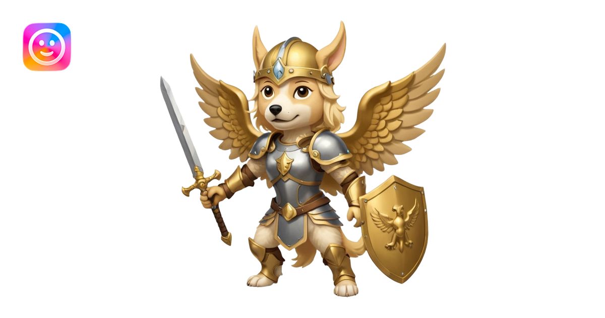 dog freya has sword and shield. she is a valkyrie and has wings ...