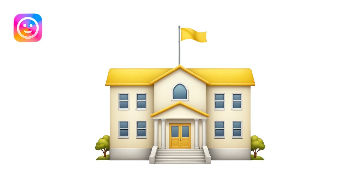 white background, magic school, with a flag, flag on a roof, yellow ...