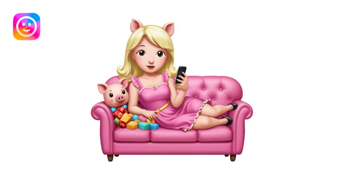 lady pig wearing pink kawaii dress reclining on couch scrolling on an ...