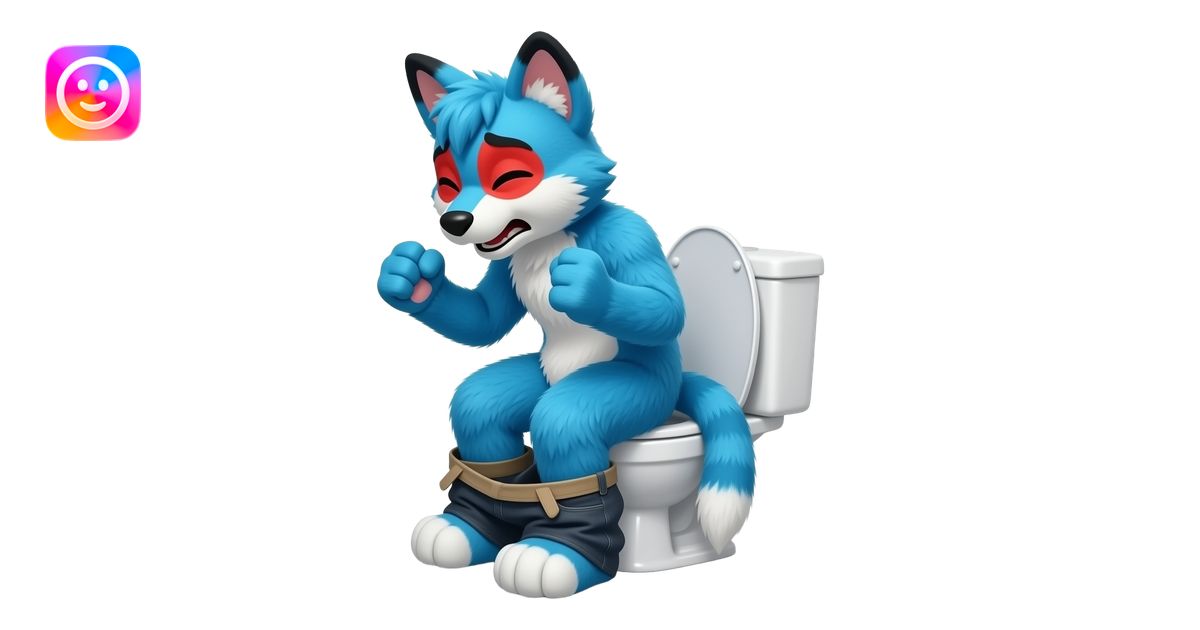 blue fursuit sitting on toilet, side view, pants down, straining red ...