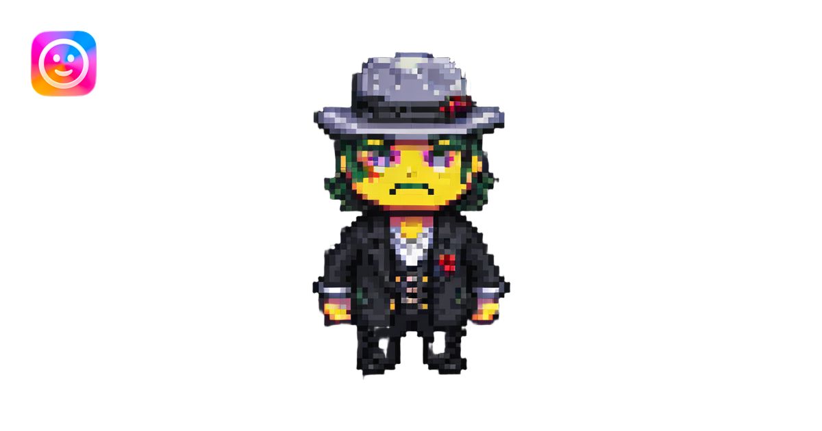 gangster character, highly cartoonish, exaggerated pixel art style ...