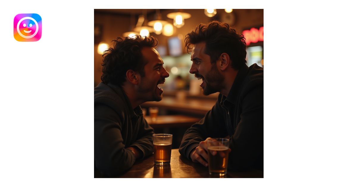 Two friends arguing animatedly in a bar, angry faces, tense atmosphere ...