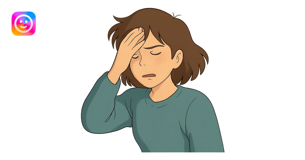 ghibli style character with a headache, subtle pain, hand on forehead ...