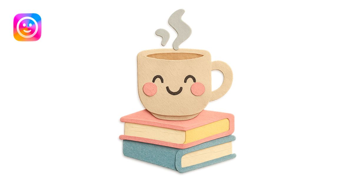 coffee cup with stack of books, blushing cheeks, cozy hand-drawn pastel ...