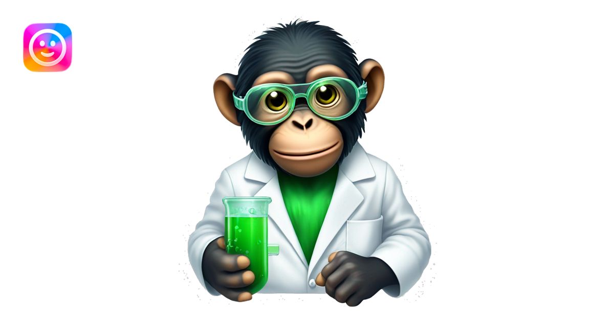 Chimpanzee wearing safety goggles and a lab coat while holding a vile ...