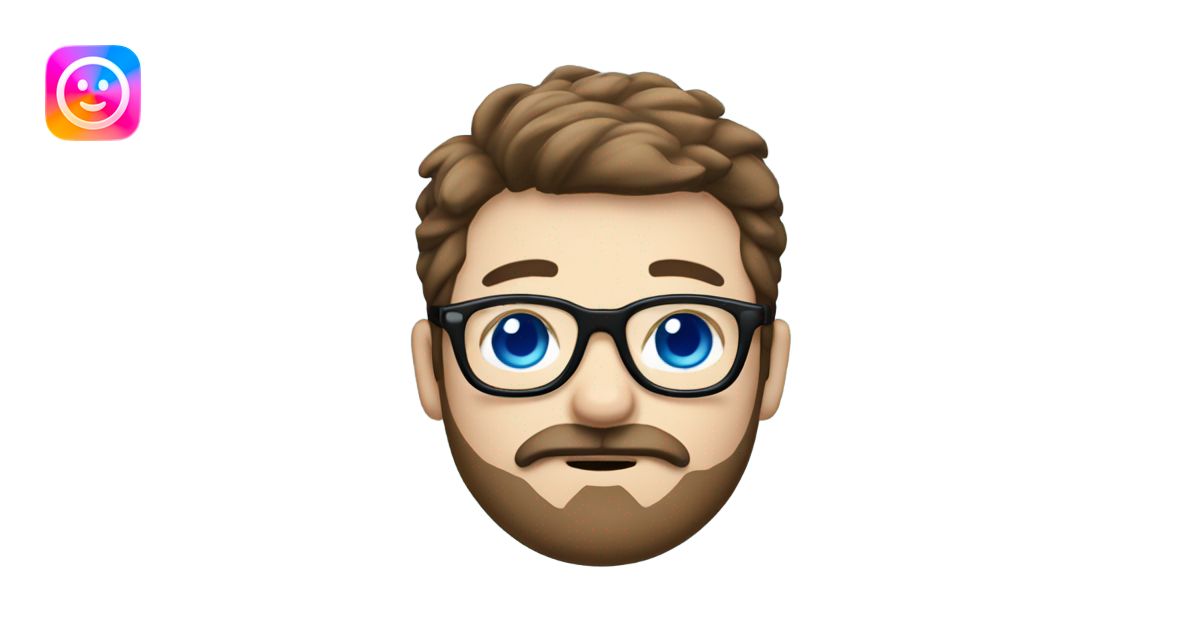 White chibi male black glasses, brown hair beard moustache blue eyes ...