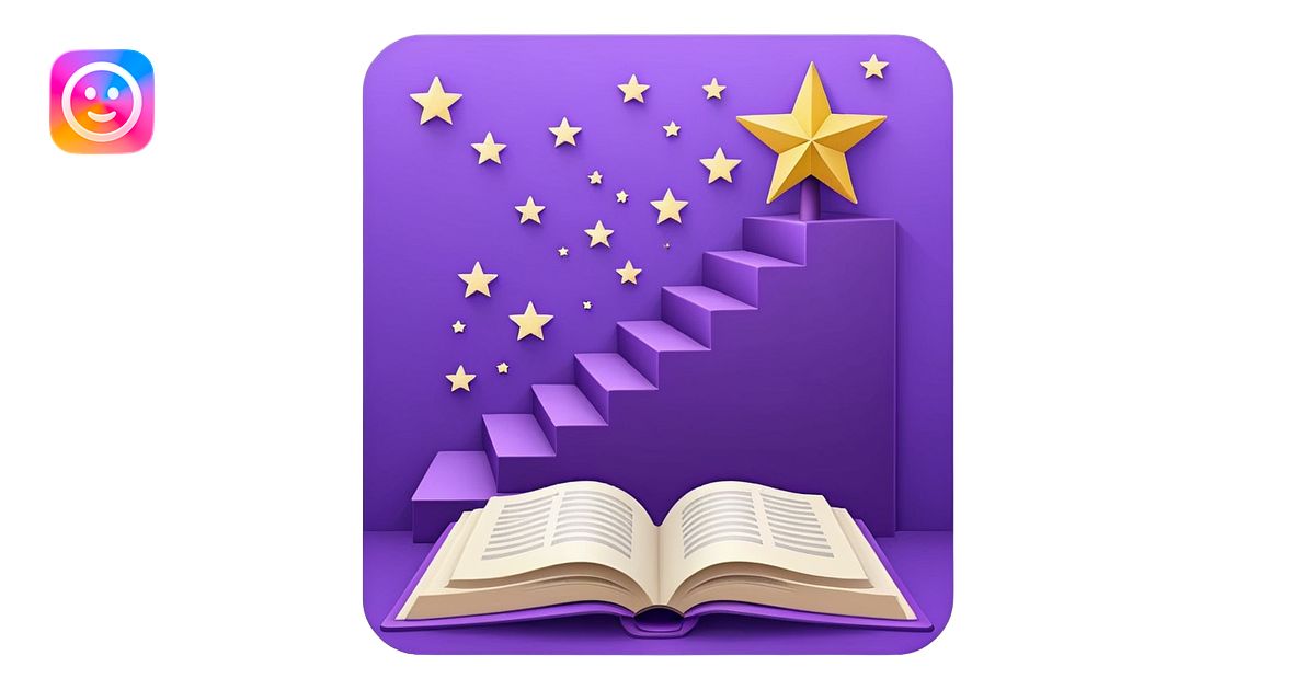Minimal purple icon: an open book turning into a rising staircase with ...