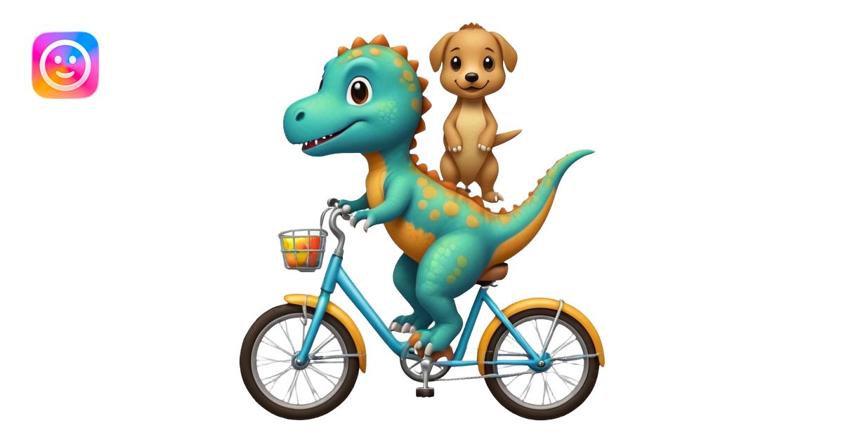 Baby dinosaur and puppy riding a retro bike emoji | AI Emoji Generator