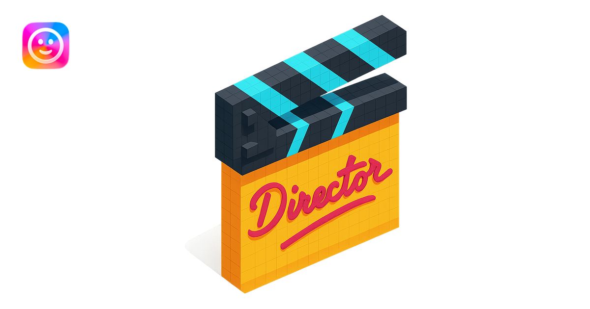 voxel style movie clapperboard with a cursive director's signature ...