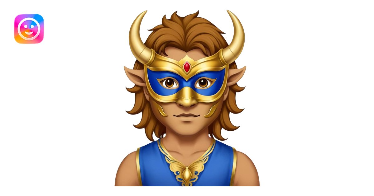a man, with a Blue vest, wear half-face golden Buffalo masquerade mask ...
