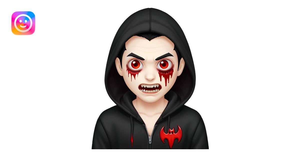 Vampire with gray white skin and full white eyes and bloody fangs and a ...