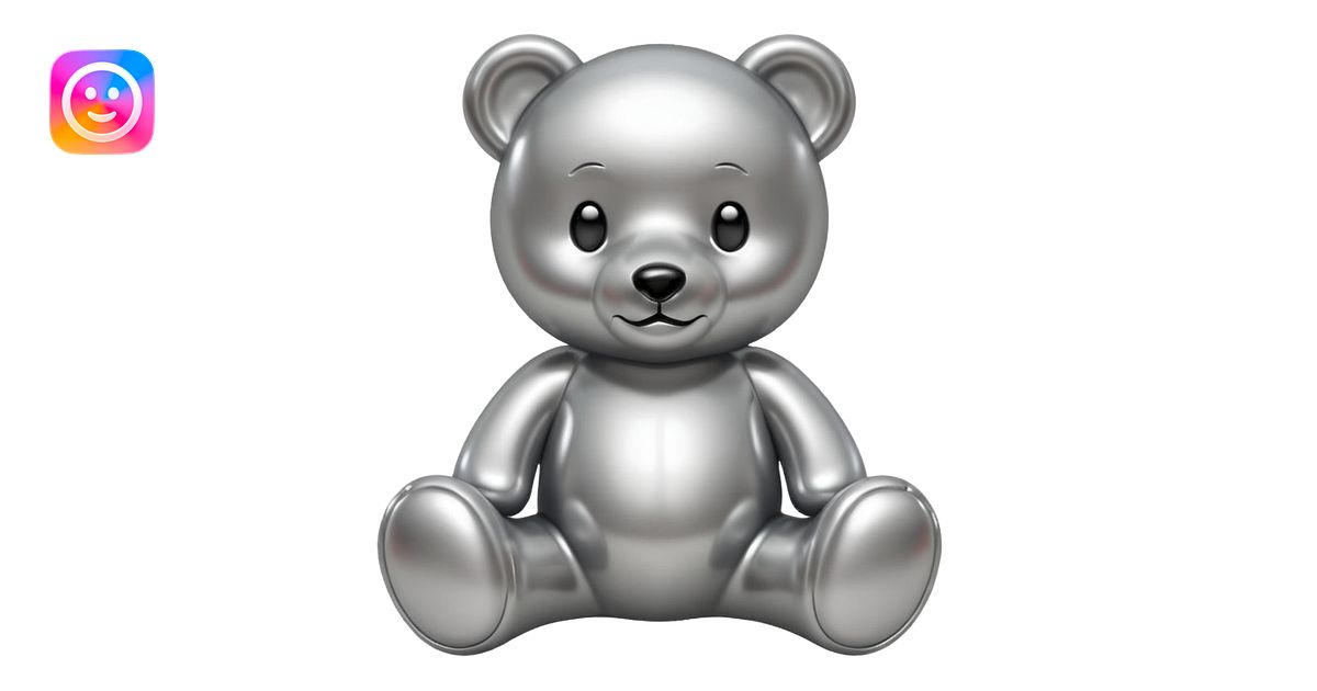 A cute teddy bear emoji made of liquid silver chrome, smooth rounded ...