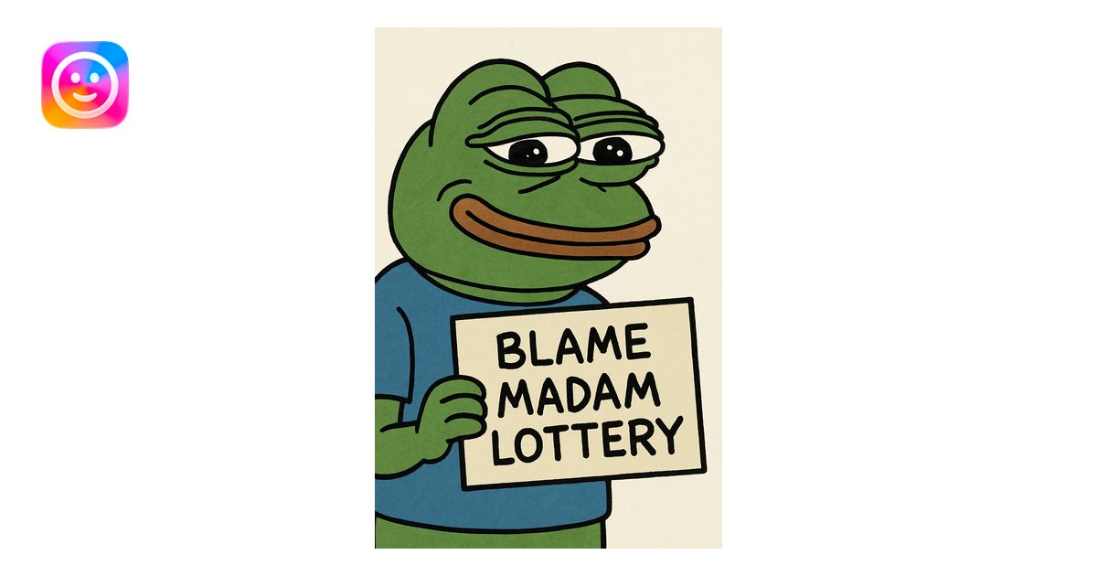 Pepe the Frog with a 'Blame Madam Lottery' sign, looking mischievous ...