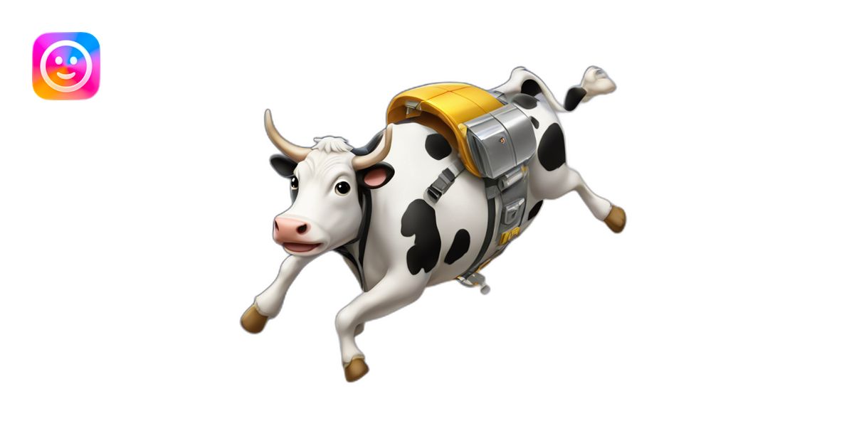 side-on view of cow flying to space while wearing a jetpack with legs ...
