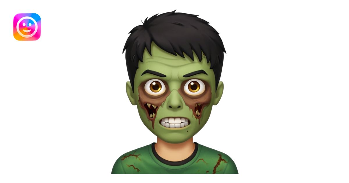 zombi emoji man with a fringe wavy medium black hair, mouth with a ...