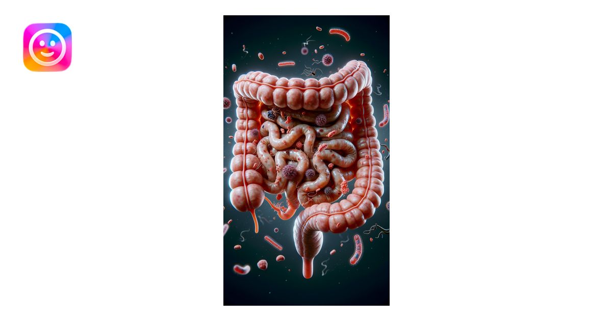 intestino umano realistico con batteri e parassiti che gli fluttuano ...