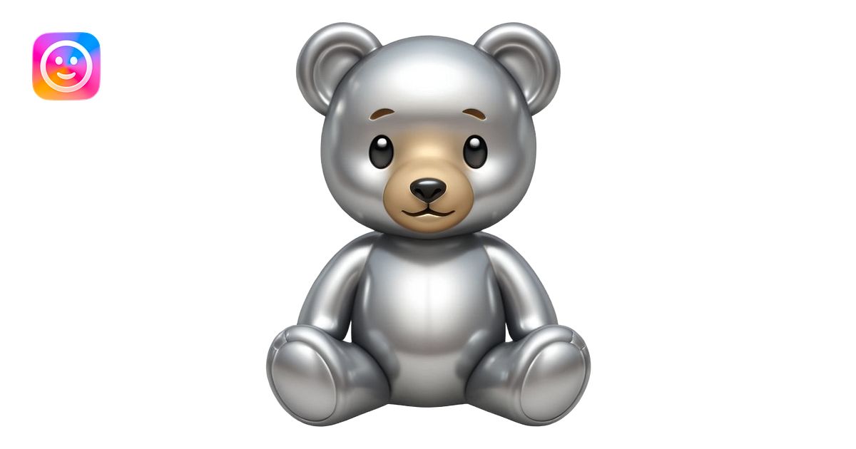A cute teddy bear emoji made of liquid silver chrome, smooth rounded ...