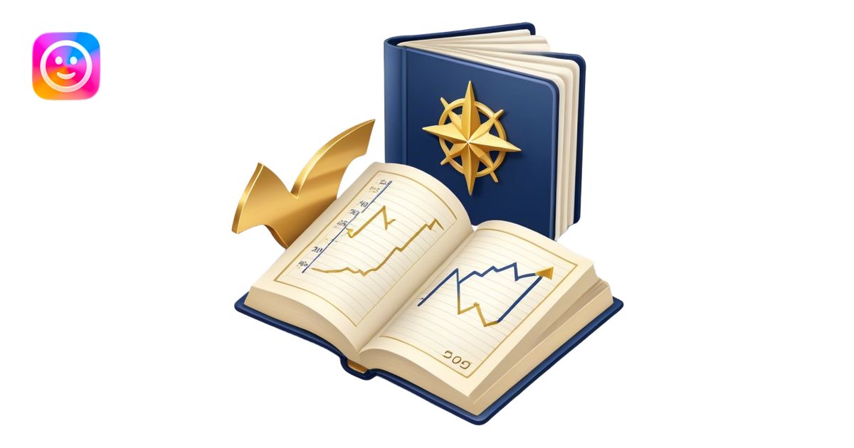 A navy blue productivity book with gold details, chart with upward ...