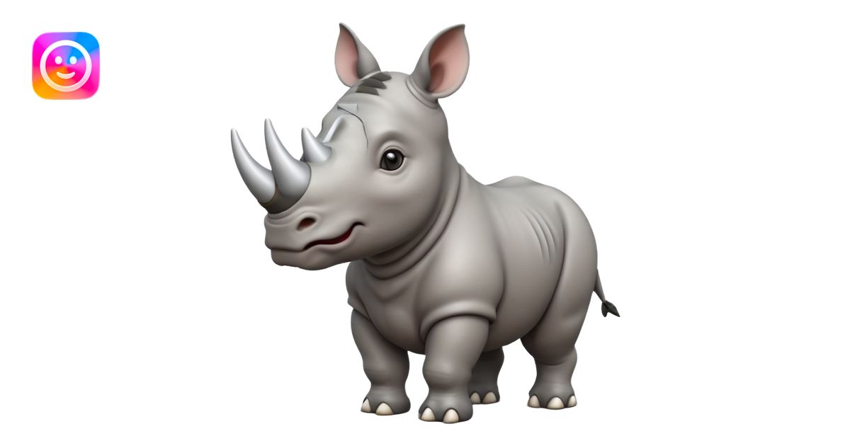 A big 3D cartoon rhino standing on dry ground, thick gray skin, small ...