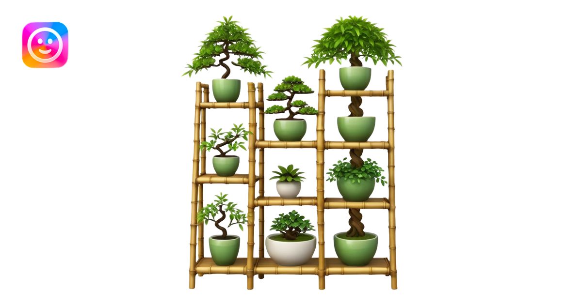 Twisted bamboo shelving unit with bonsai plants and decorative items ...