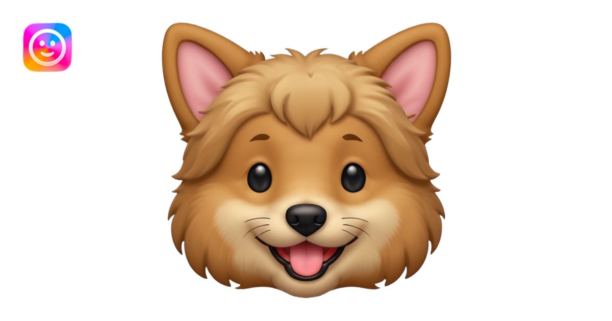 Dog face only, light brown fluffy dog, darker ears, small black nose ...