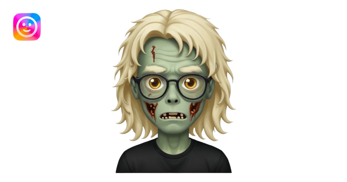 A zombie boy with long, wavy, falling hair, non-oval glasses, and a ...