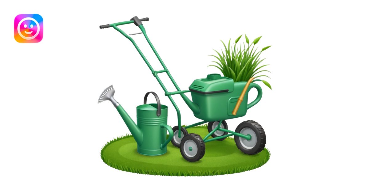 Lawn mower, rake, and watering can grouped together with a few grass ...