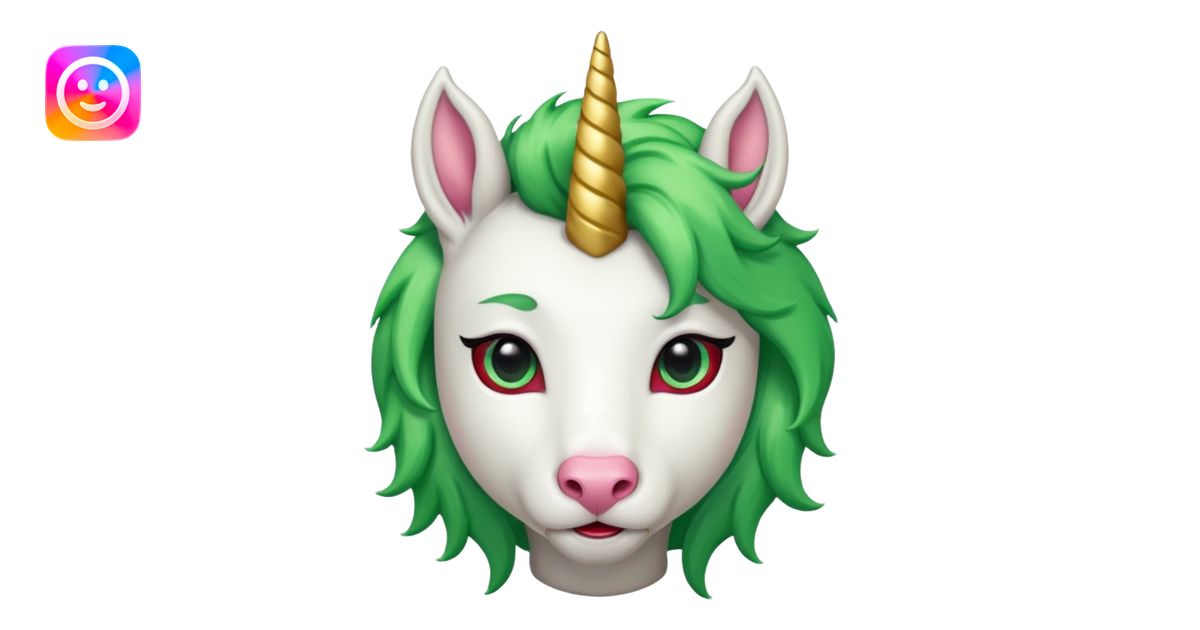 white furred unicorn with green hair and big red earrings looking into ...