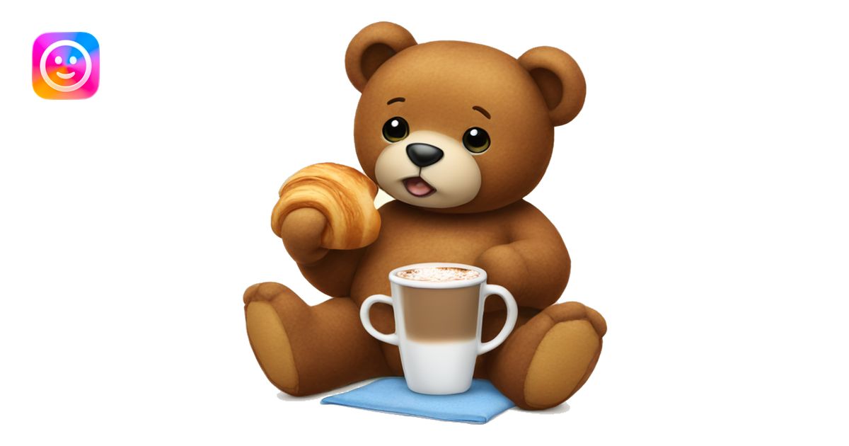 A teddy eating a croissant and drinking hot coco emoji | AI Emoji Generator