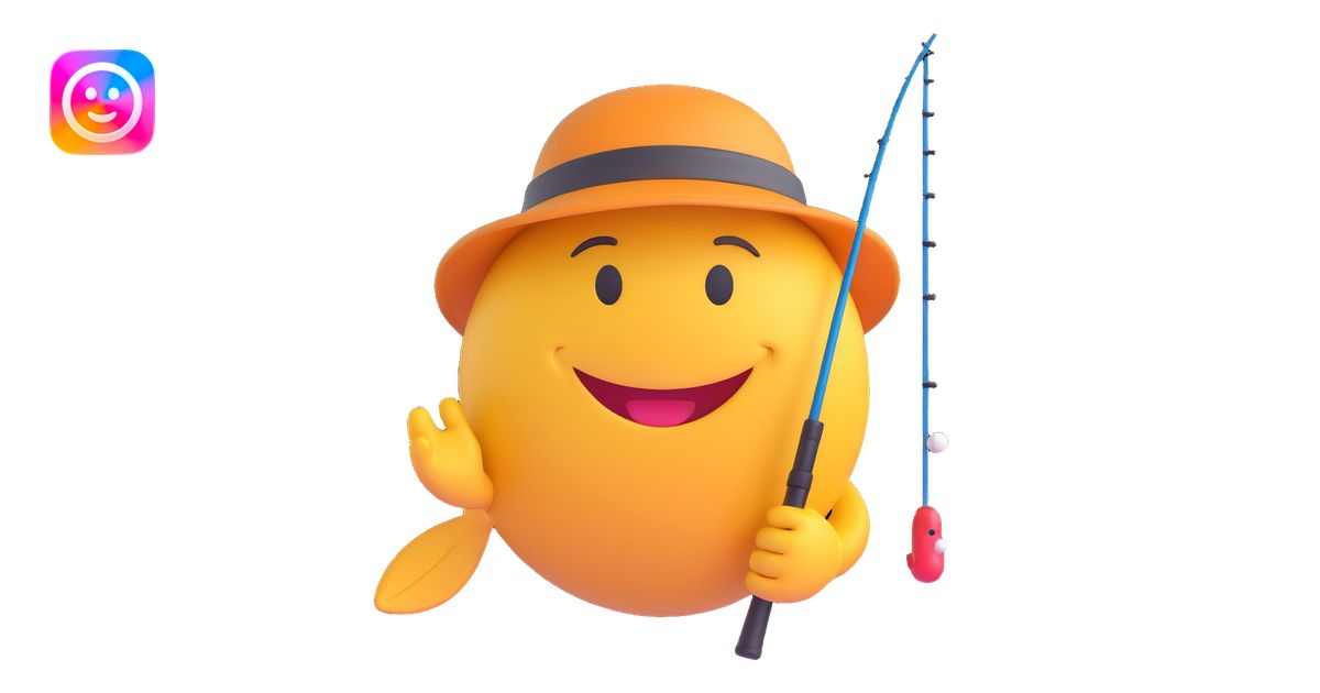 3D smiley emoji, round shape, fishing hat with fishing rod, smiling ...