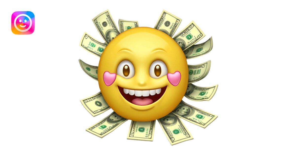 3D glossy emoji sticker, dollar-sign eyes, huge toothy grin, mouth ...
