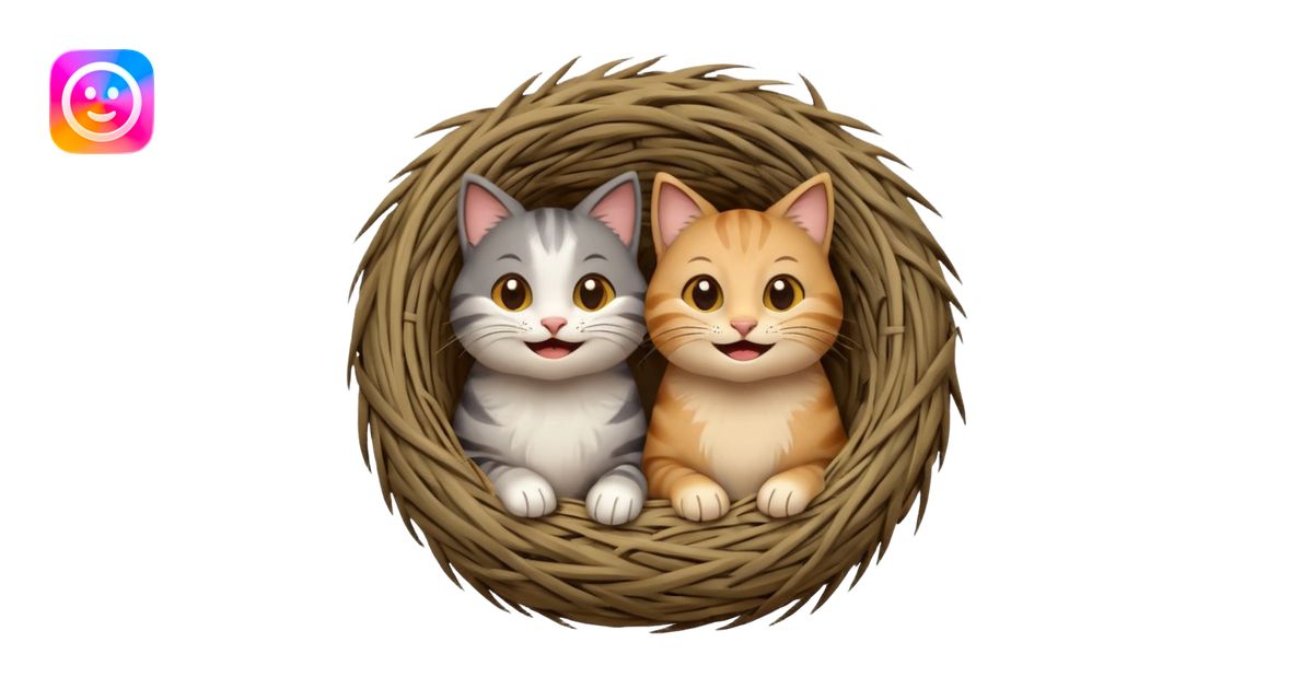 two happy cats sitting in a bird's nest, emoji style, smiling faces ...